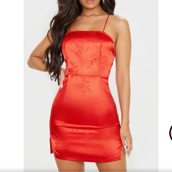 PrettyLittleThing | Dresses | Pretty Little Thing Red Satin Mixed Print ...